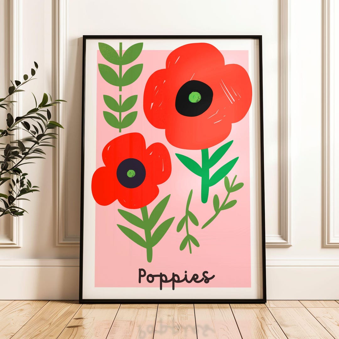 Poppy Wall Art Poster- Retro Flower Poppies Wall Art, Wall Decor for ...