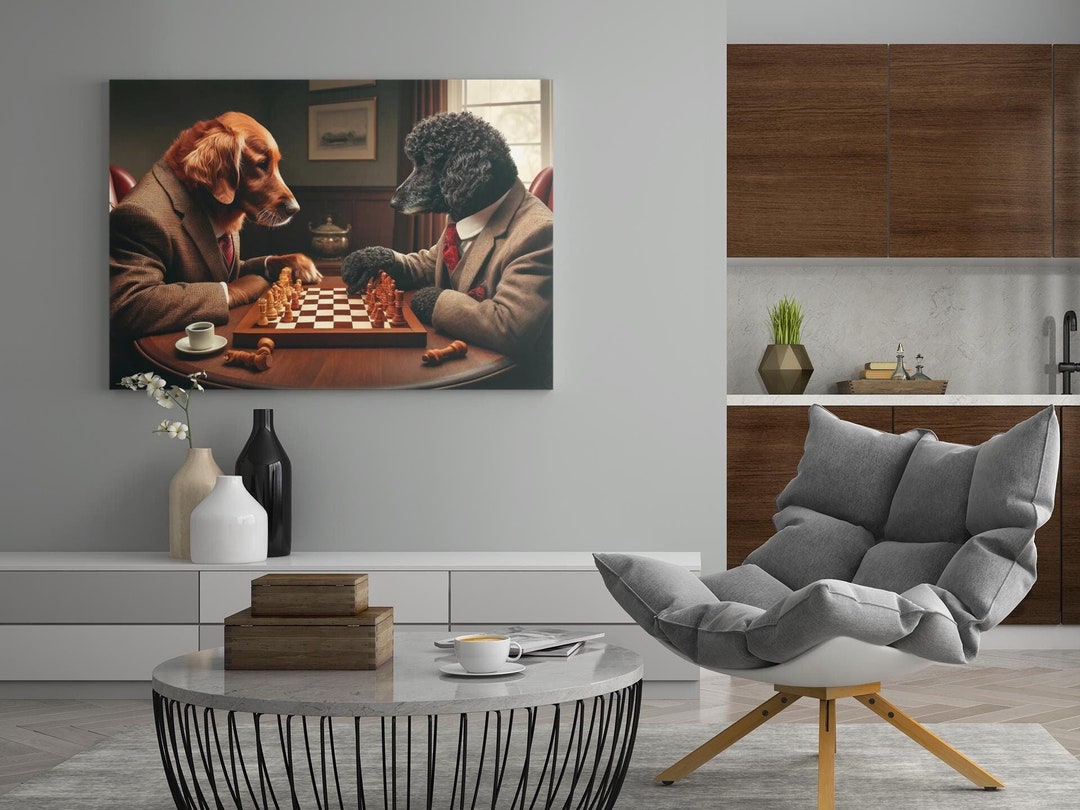 Retriever and Poodle Playing Chess Poster, Digital Download Poster ...