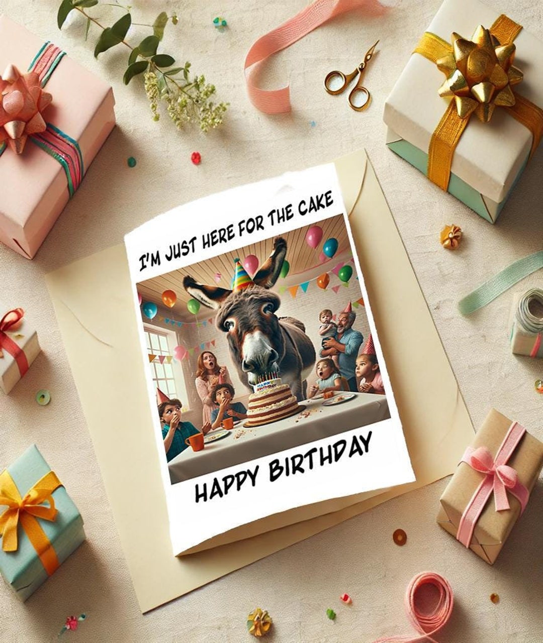 Silly Donkey Birthday Card – Sneaky Donkey Steals the Cake, Ridiculous ...