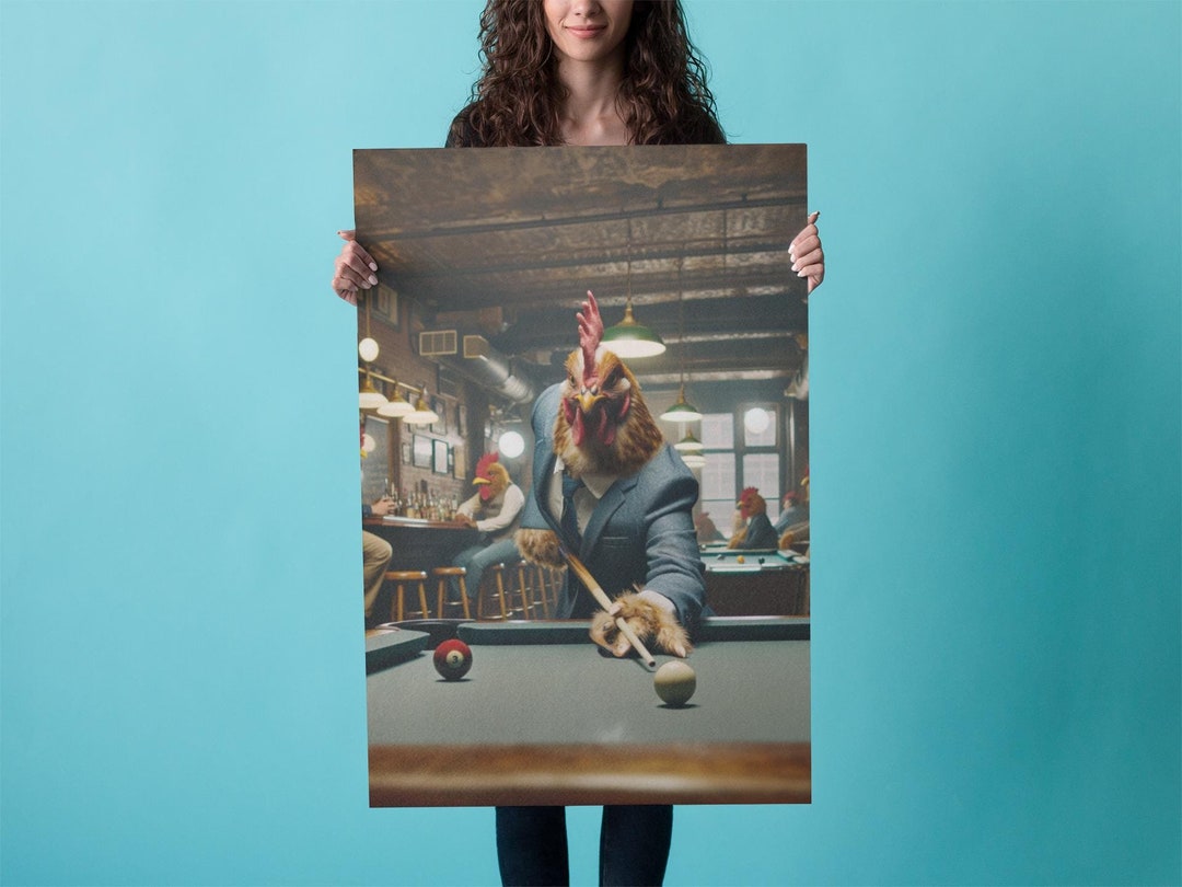 Chickens Playing Pool Poster | Rooster Playing Pool, Humanized Chicken ...