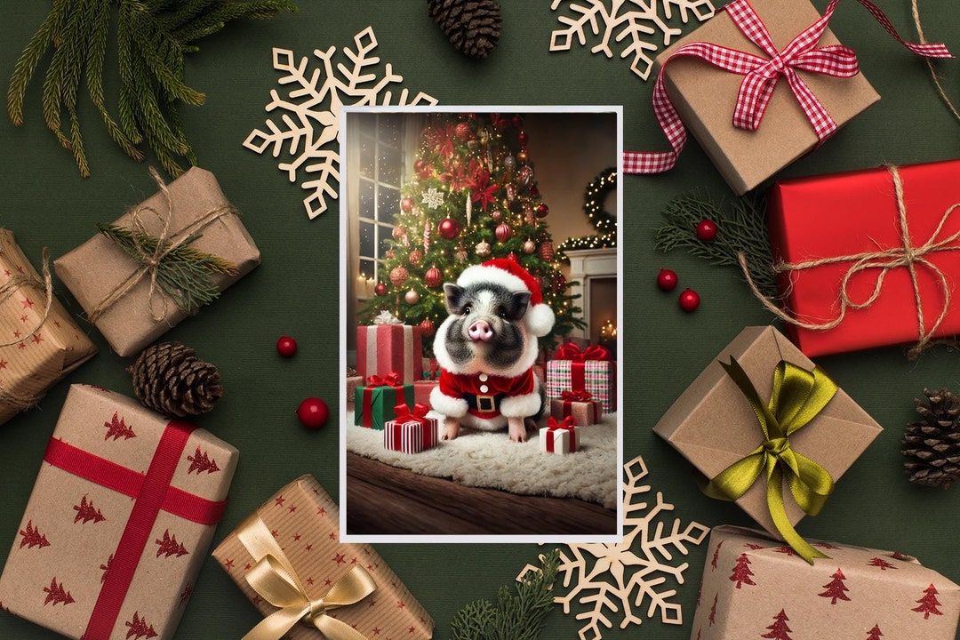 Santa Pot-bellied Pig Santa Claus Christmas Card Digital Download ...