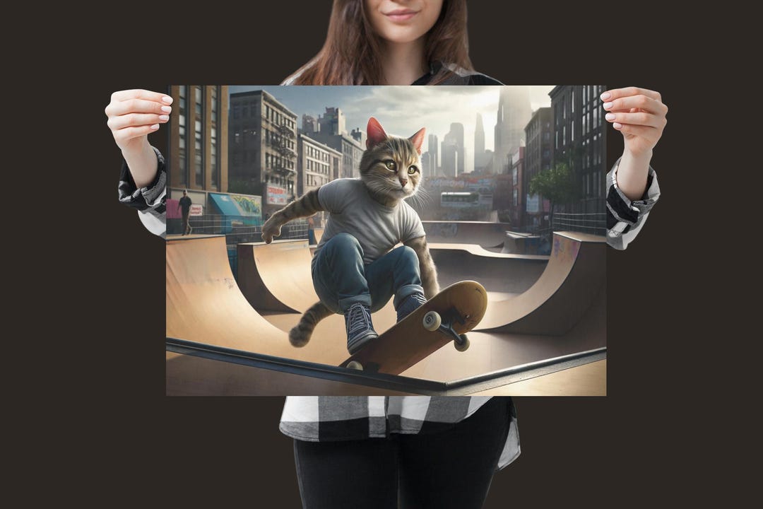 Cat Skateboarding in a Skate Park Poster, Cool Cat Art Print – Digital ...