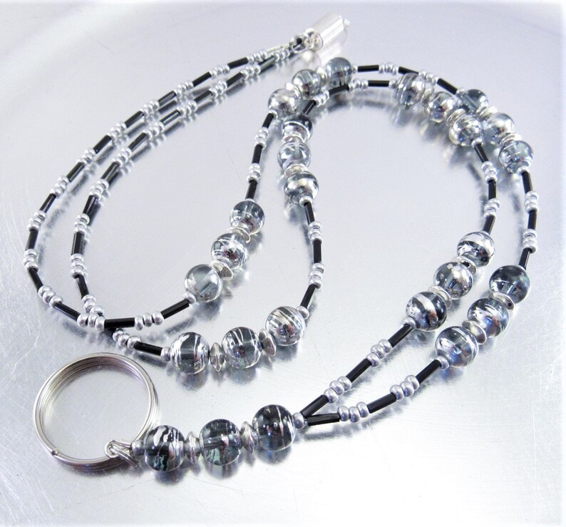 Silver Metallic and Black Glass Beaded ID Lanyard, Key Chain Necklace ...