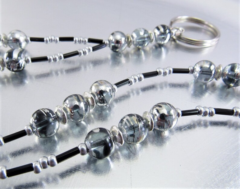 Silver Metallic and Black Glass Beaded ID Lanyard, Key Chain Necklace ...