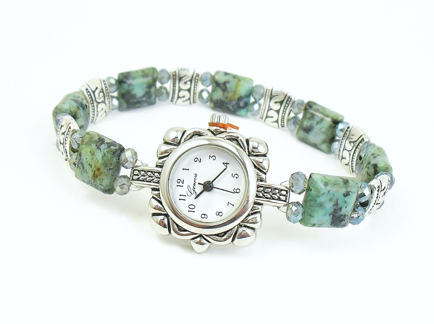Beaded Bracelet Watch - Petite African Turquoise Stretchy Bracelet Watch