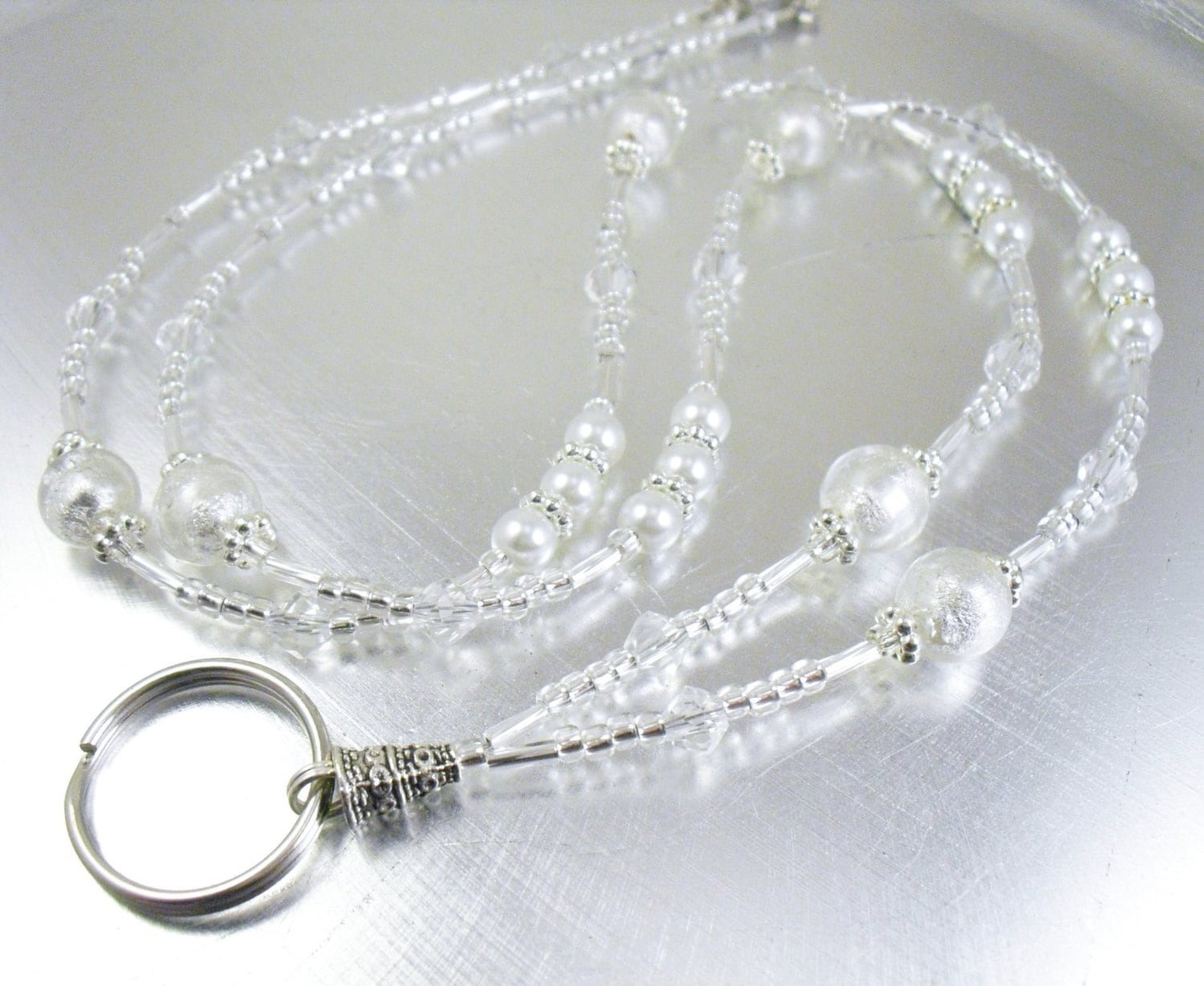 Silver Foiled and Clear Crystal Glass Beaded ID Lanyard, Badge Holder ...