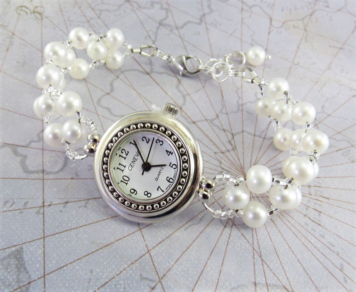 Beaded Bracelet Watch - White Freshwater Pearl Bracelet Watch in Silver ...