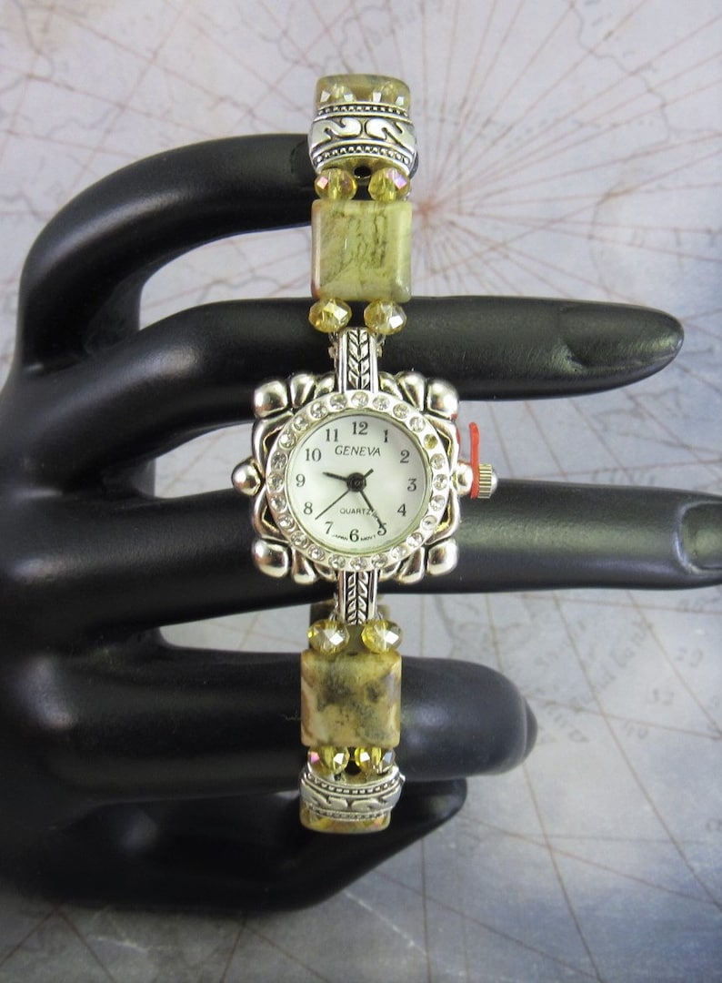 Beaded Watch Petite Silver Leaf Jasper and Topaz Crystal | Etsy