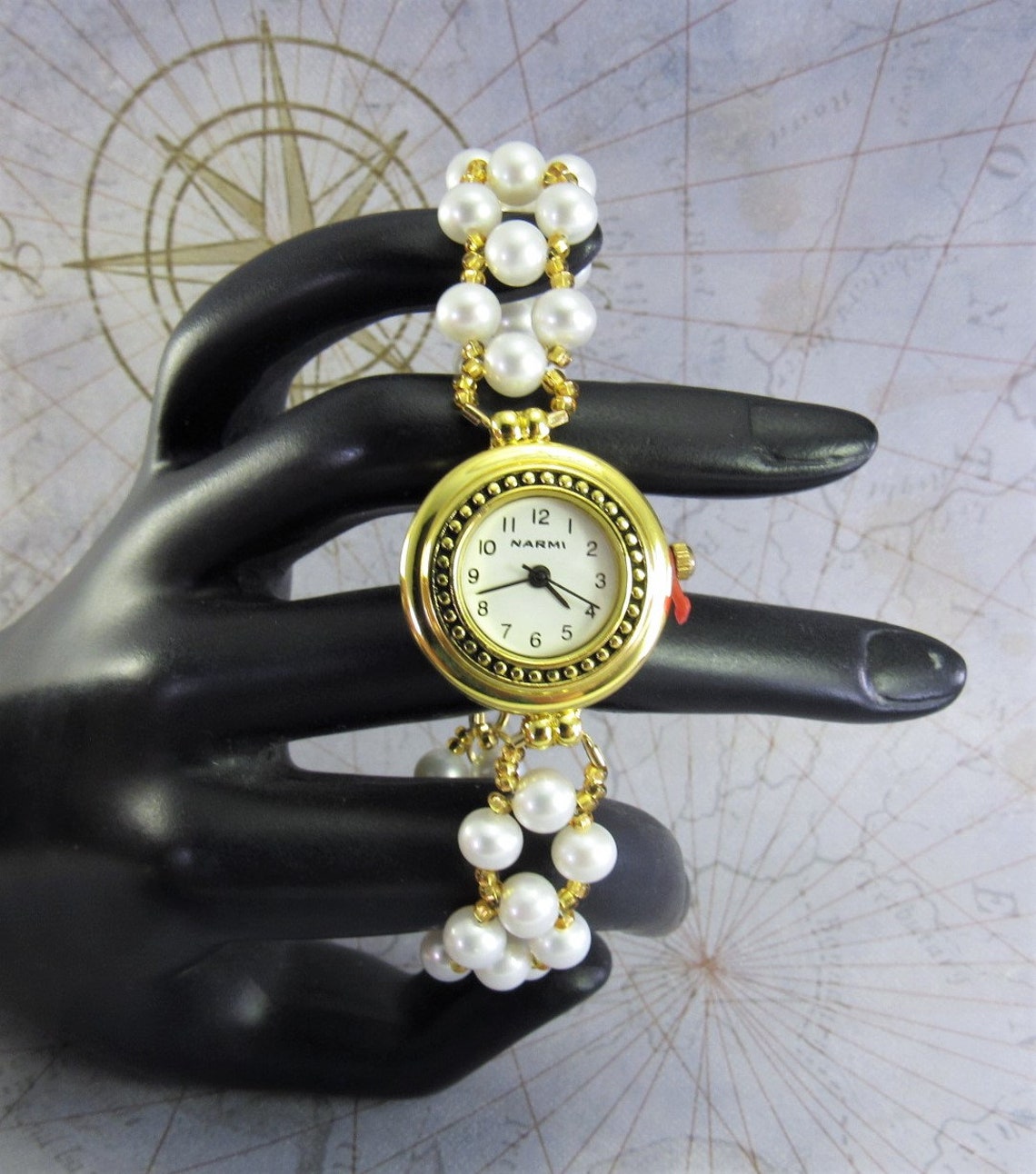 Beaded Bracelet Watch - White Freshwater Pearl Bracelet Watch in Gold ...
