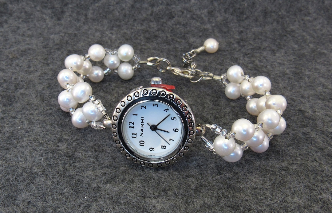 Beaded Bracelet Watch - White Freshwater Pearl Bracelet Watch in Silver, Wedding, Bride - Etsy