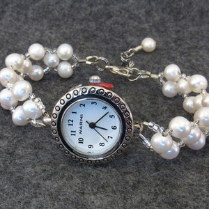 Beaded Bracelet Watch - White Freshwater Pearl Bracelet Watch in Silver, Wedding, Bride - Etsy