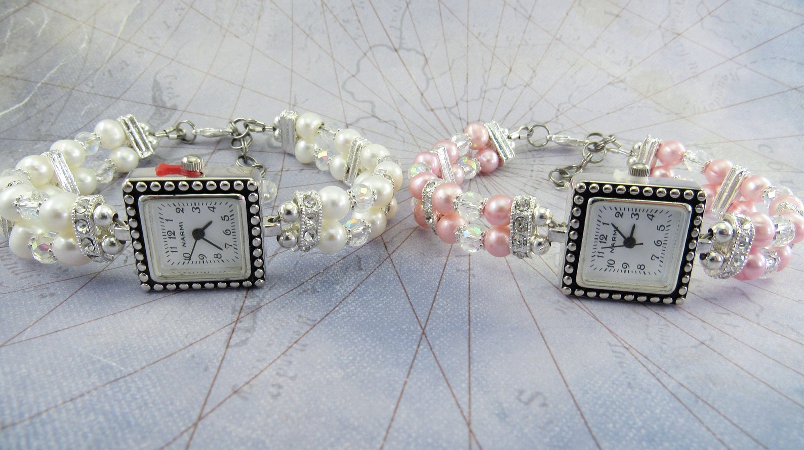 Beaded Bracelet Watch - Pink or White Freshwater Pearl and Austrian ...