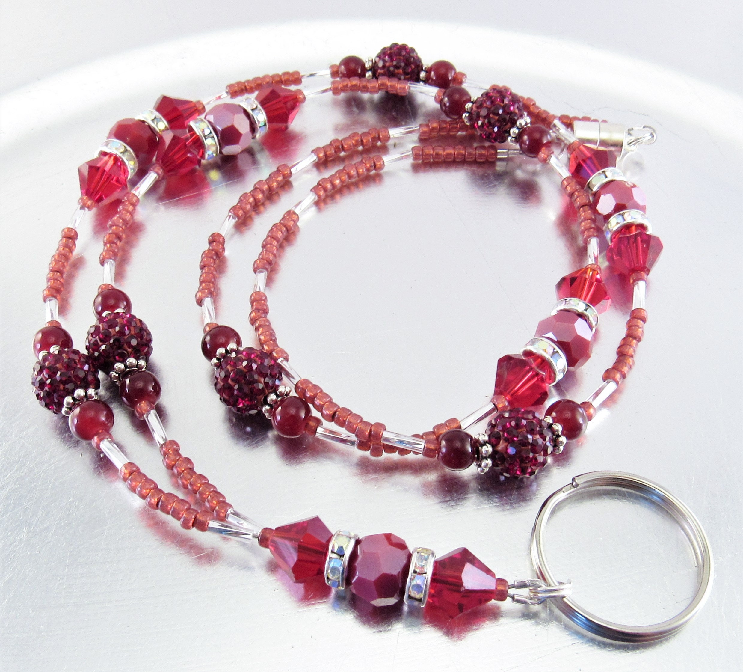 Dark Red Crystal Beaded Lanyard, ID Badge Holder, ID Necklace, Badge ...