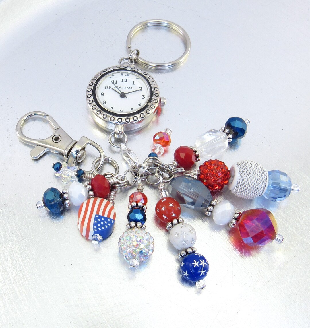 Patriotic Red, White and Blue Crystal Glass Cluster Beaded Key Chain ...
