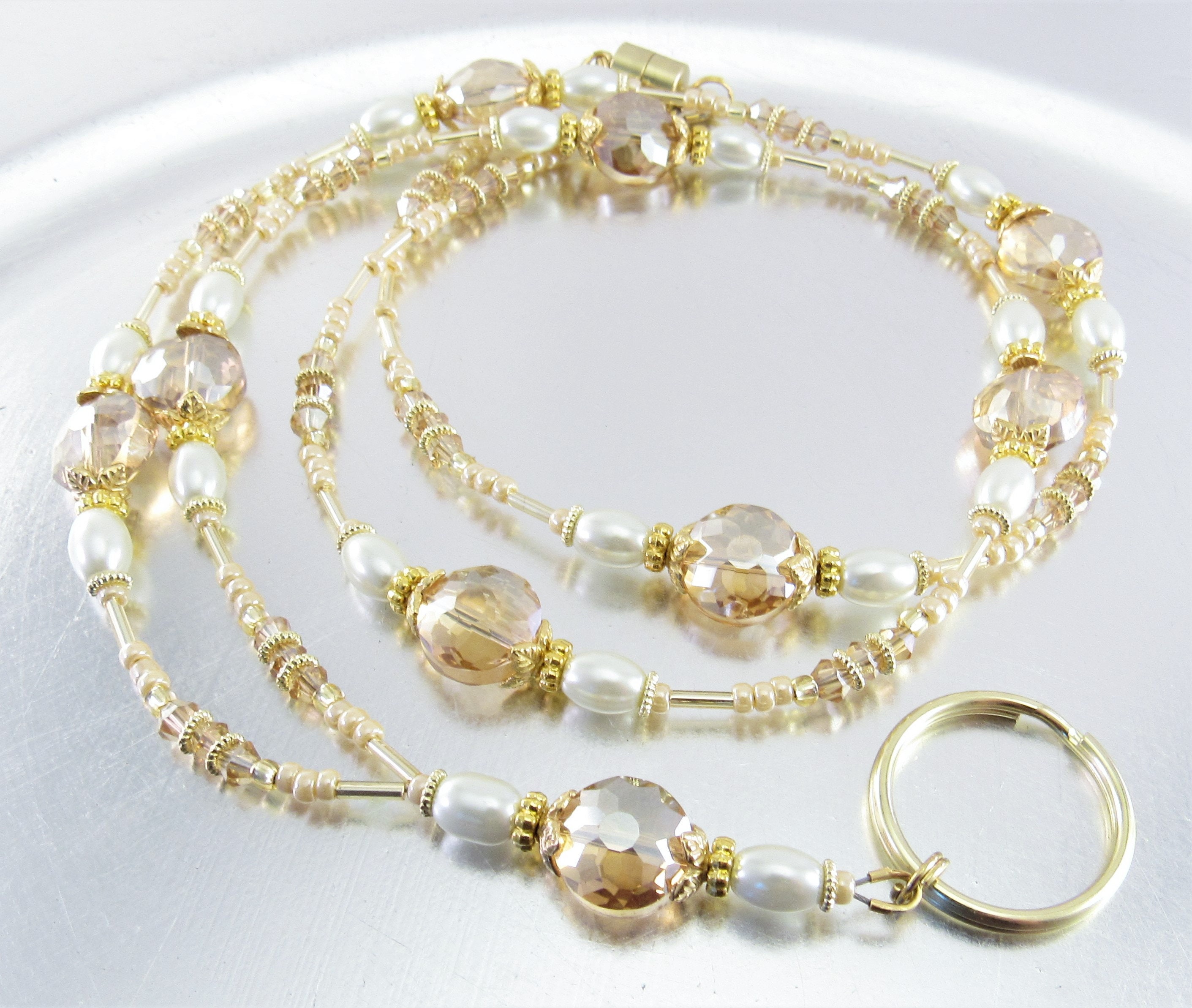 Beaded Lanyard Gold Faceted Crystal And Glass Pearl Badge Lanyard Beaded Lanyard Gold Faceted Crystal And Glass Pearl Badge Lanyard