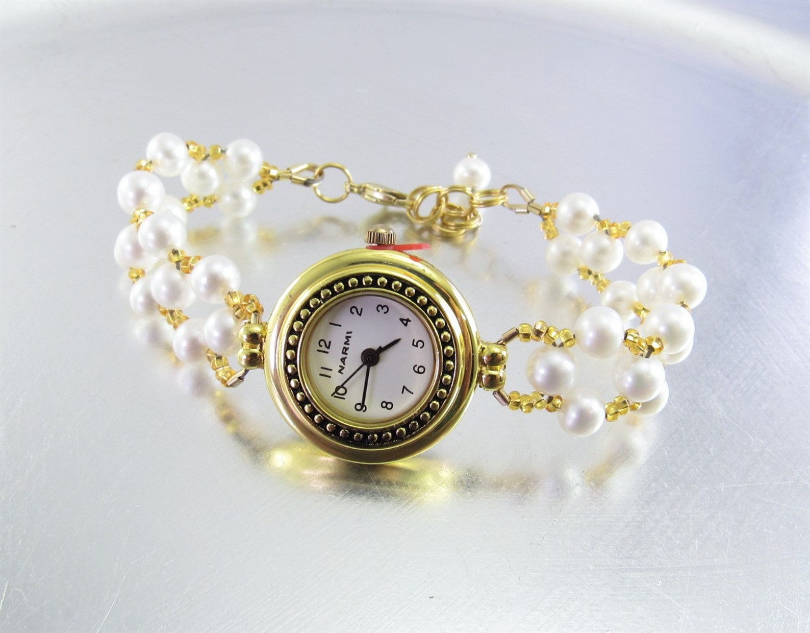 Beaded Bracelet Watch - White Freshwater Pearl Bracelet Watch in Gold ...