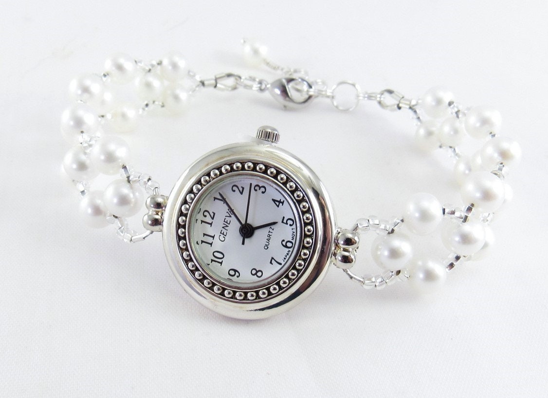 Beaded Bracelet Watch - White Freshwater Pearl Bracelet Watch in Silver ...