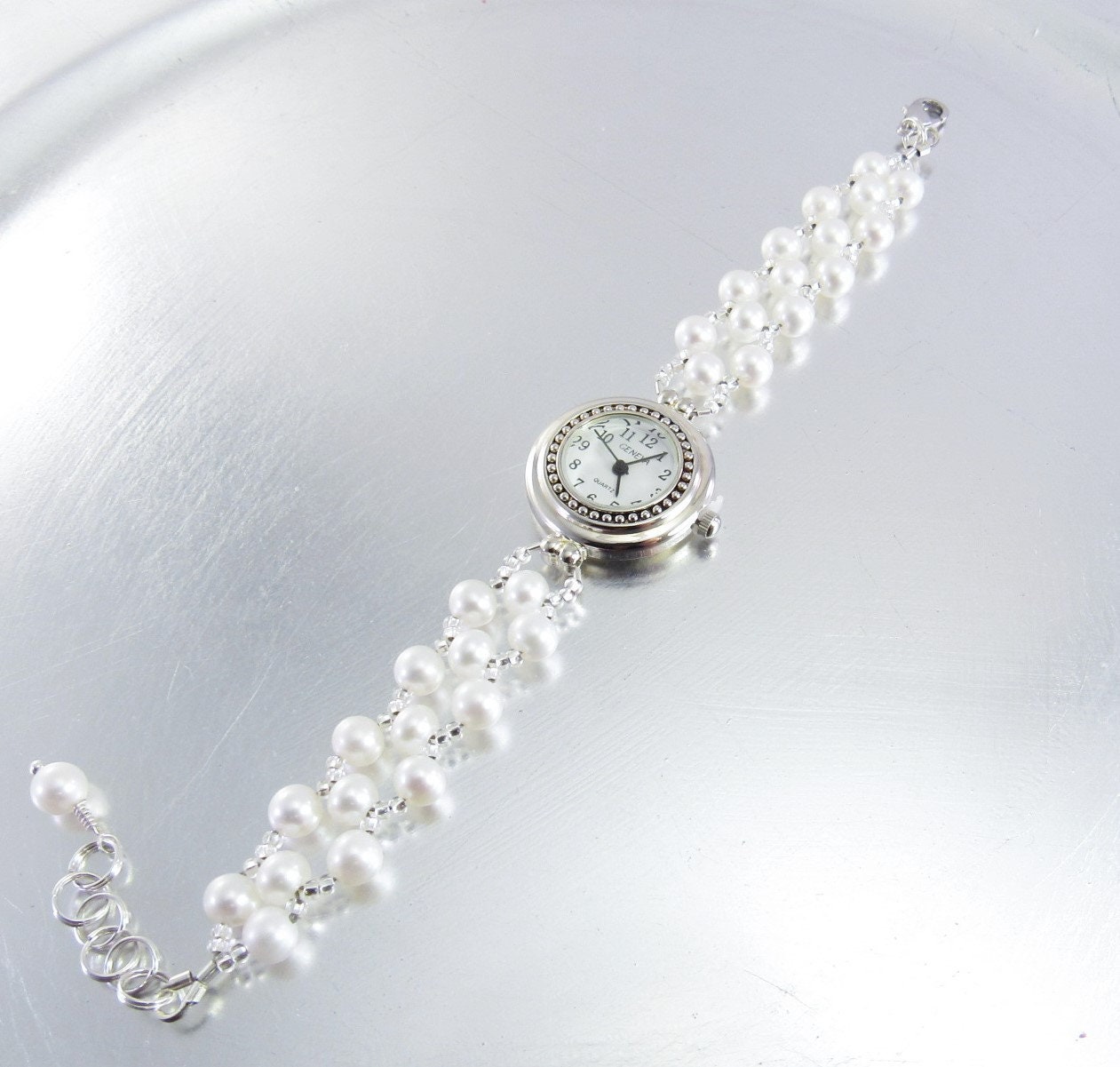Beaded Bracelet Watch - White Freshwater Pearl Bracelet Watch in Silver ...