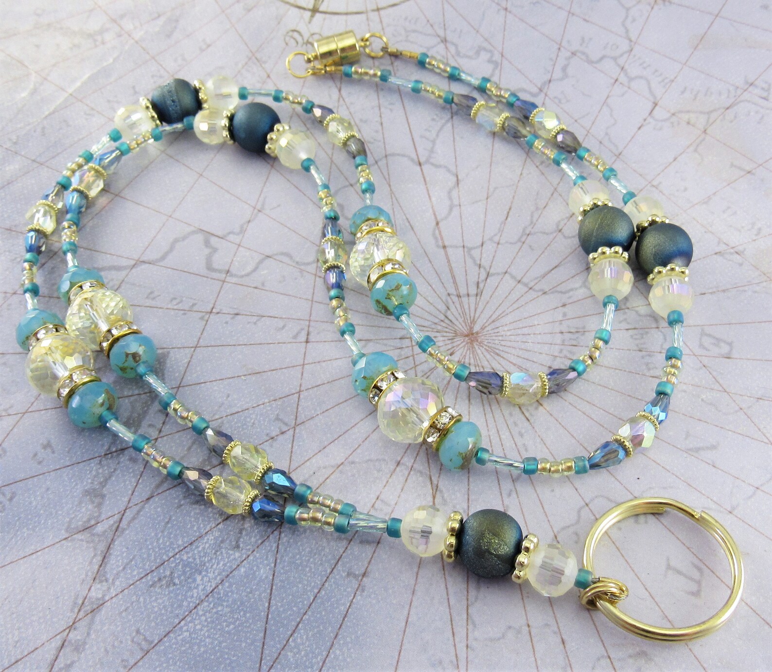 Blue Geode Stone, Aqua and Opal Crystal Glass, and Rhinestone Wheel ...