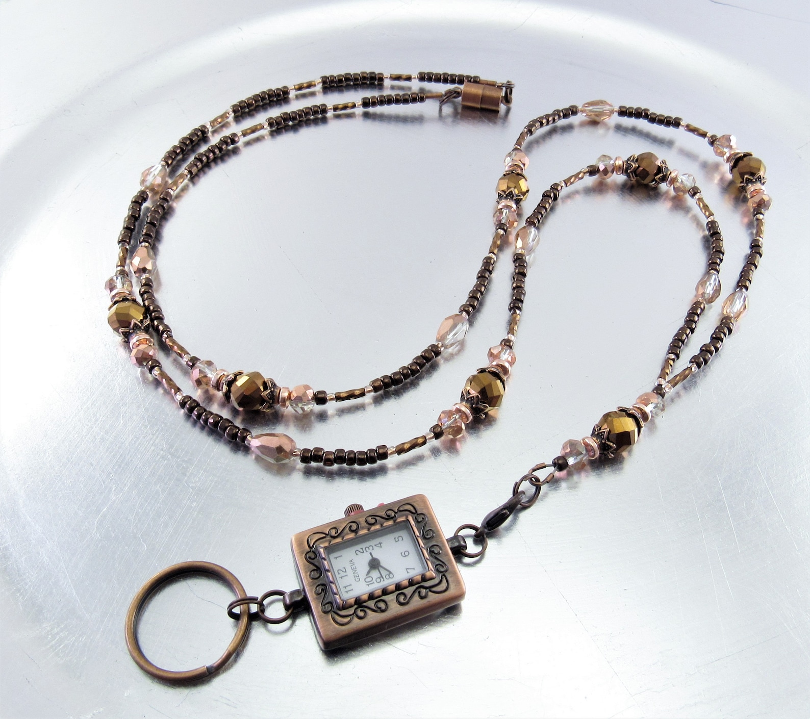Watch Lanyard - Copper and Bronze Beaded ID Lanyard, Badge Holder, Key ...