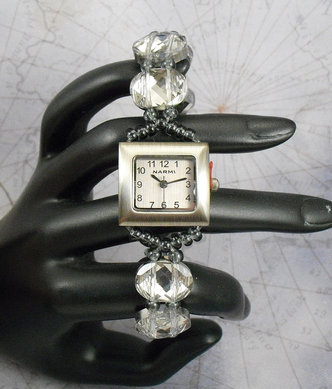 Smoky Metallic Faceted Glass Beaded Stretchy Bracelet Watch with Pewter ...