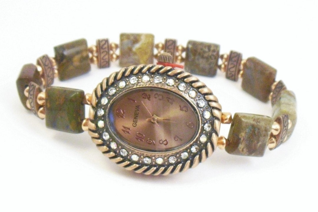 Brown Opal and Copper Beaded Stretchy Bracelet Watch With Copper Aurora ...
