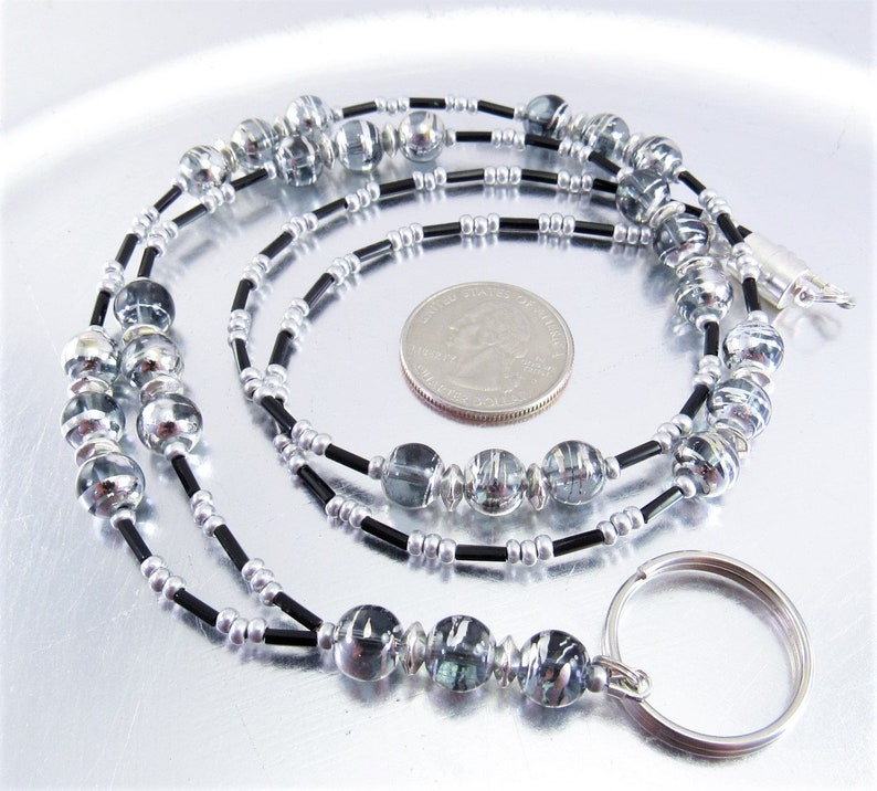 Silver Metallic and Black Glass Beaded ID Lanyard, Key Chain Necklace ...