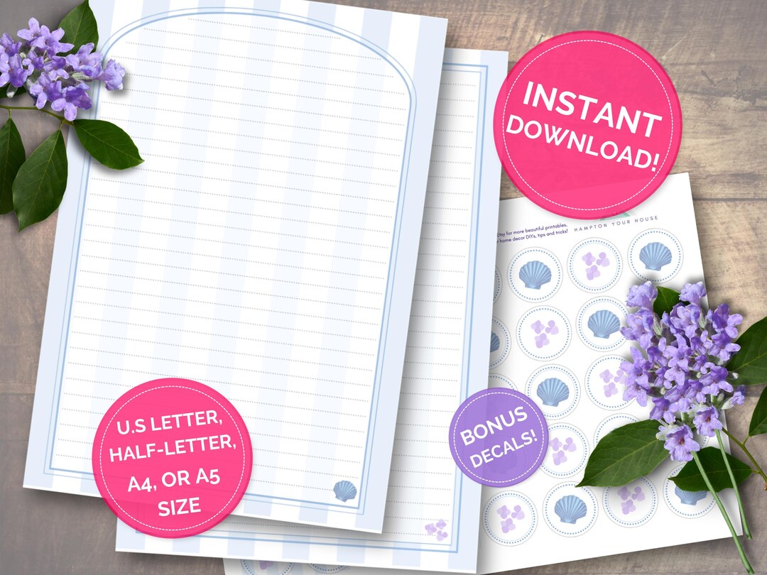 Letter Writing Paper Printable Stationery Set Hamptons Lined Stationery ...