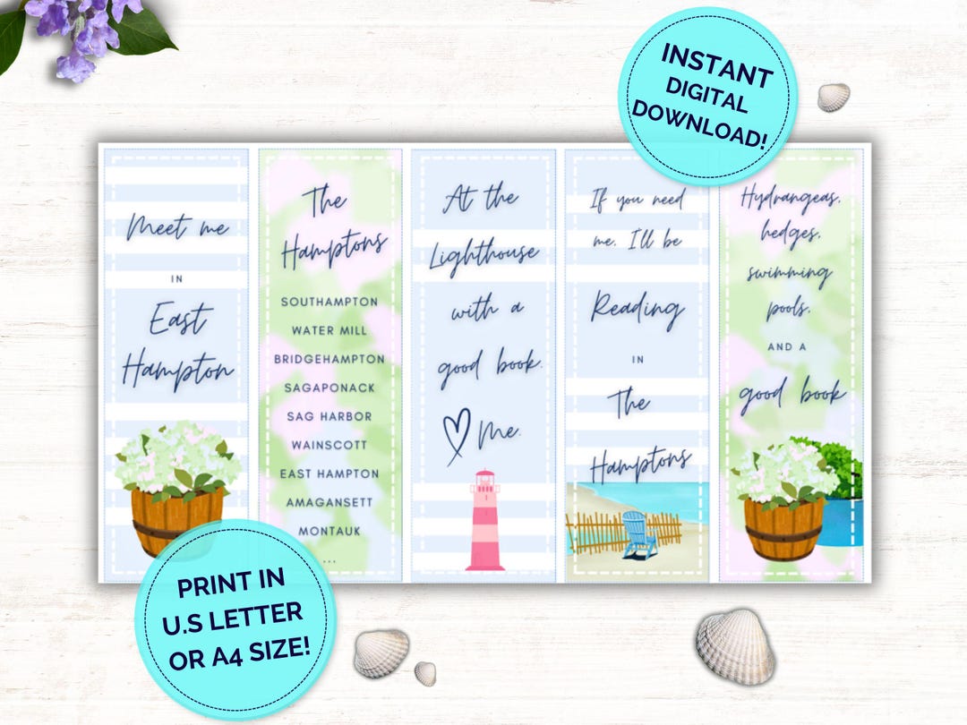 Beach Summer Reading Bookmarks Hamptons Themed Bookmarks Digital ...