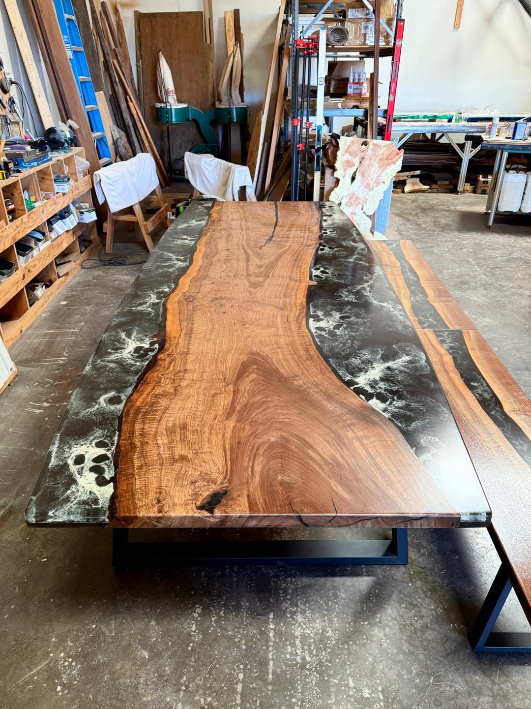 Custom Walnut Wood River Table With Black Epoxy Resin and Benches - Etsy