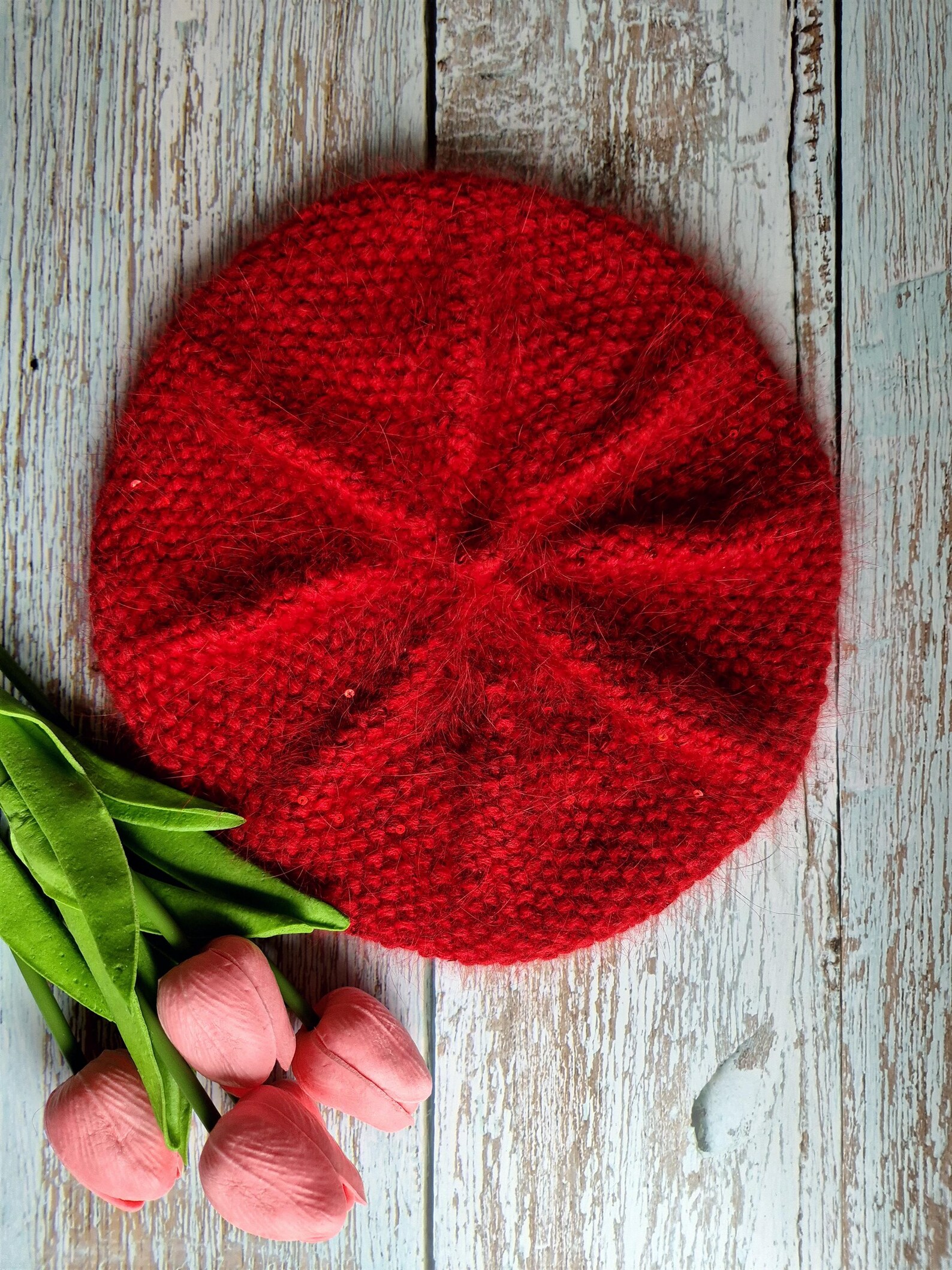 Red Knit Beret: Handmade Mink Fur Wool French Hat - Etsy