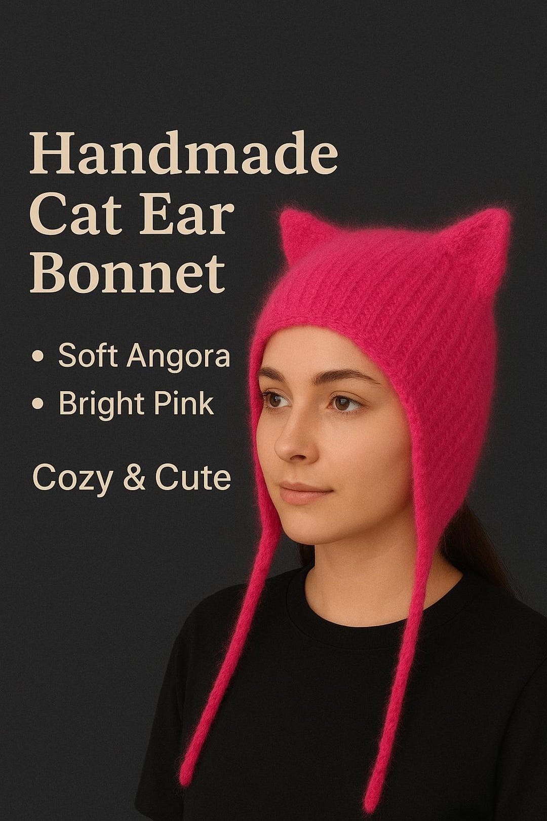 Handmade Cat Ear Bonnet, Pink Angora Hat , Fuzzy Winter Hood - Etsy