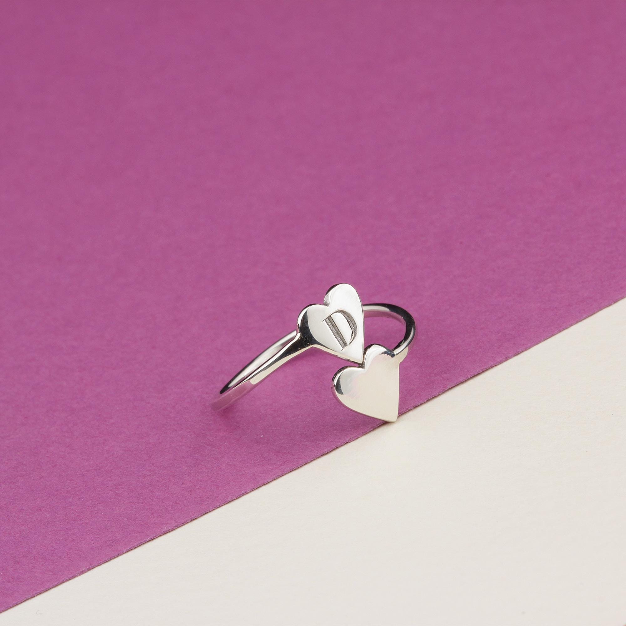 Gold Personalized Heart Initial Ring Two Hearts Initial Ring Sterling ...