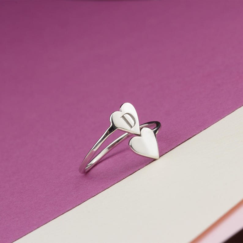 Gold Personalized Heart Initial Ring Two Hearts Initial Ring Sterling Silver Custom Personalized ...