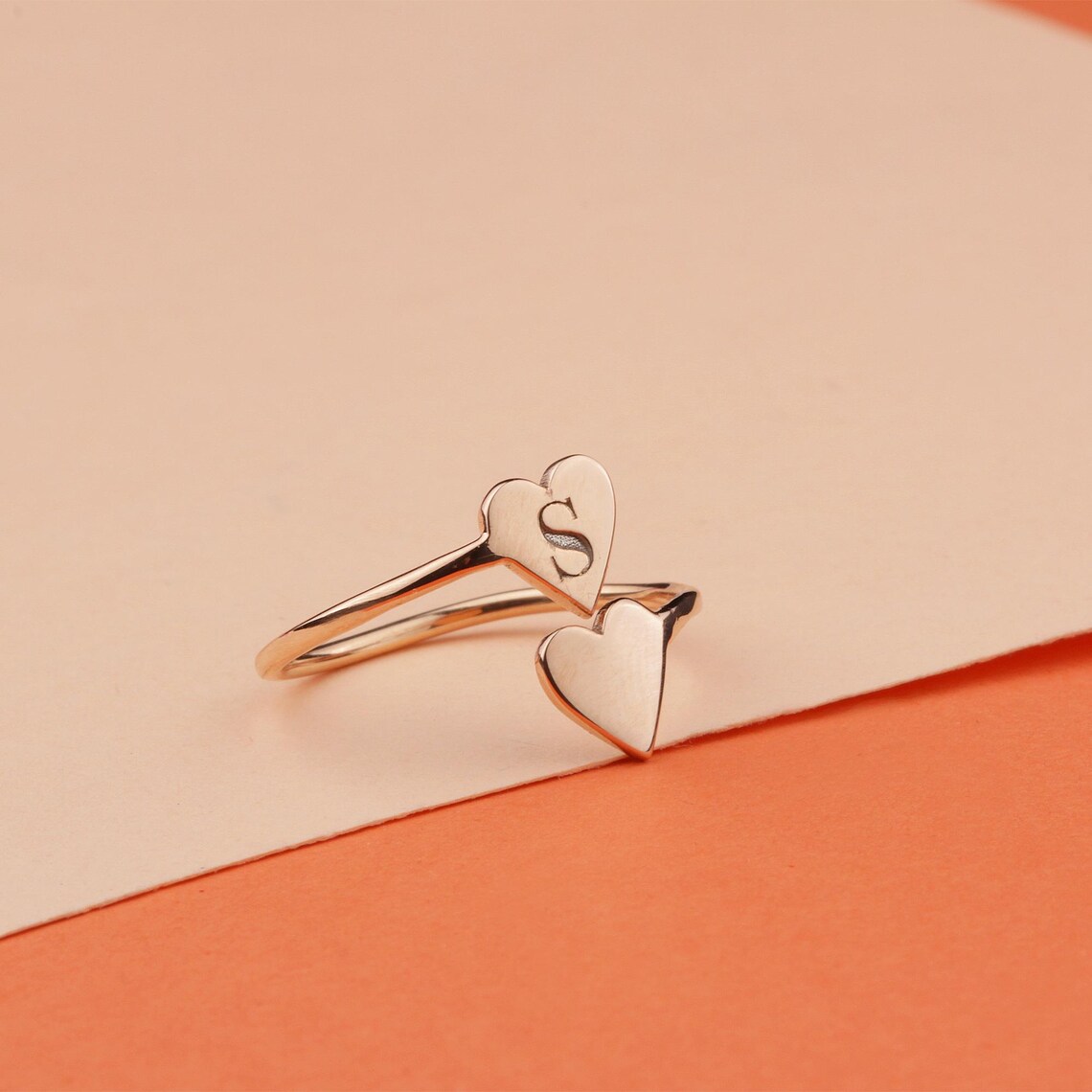 Gold Personalized Heart Initial Ring Two Hearts Initial Ring Sterling ...