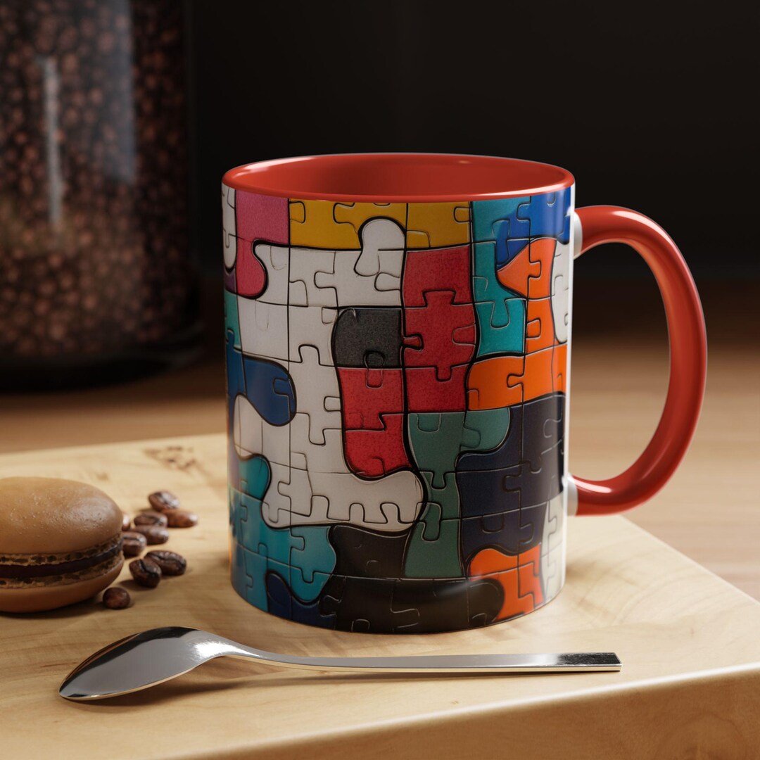 Colorful Jigsaw Puzzle Accent Coffee Mug, Fun Unique Tea Cup, Bright ...