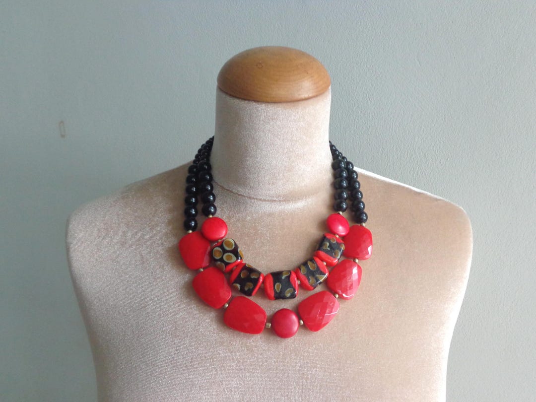 Red Necklace, Red Black Necklace, Statement Necklace, Red Black Chunky ...