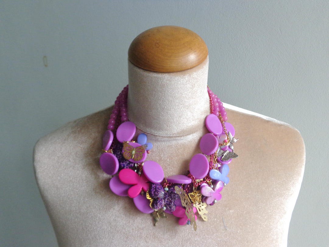 Pink Purple Statement Necklace, Pink Chunky Necklace, Pink Butterfly ...