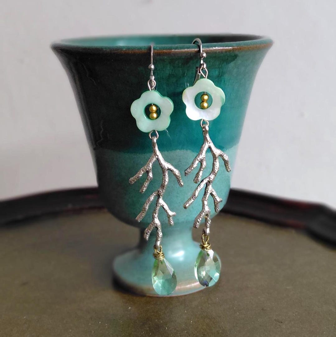 Floral Dangle Earrings, Green Silver Flower Earrings, Sparkle Statement ...