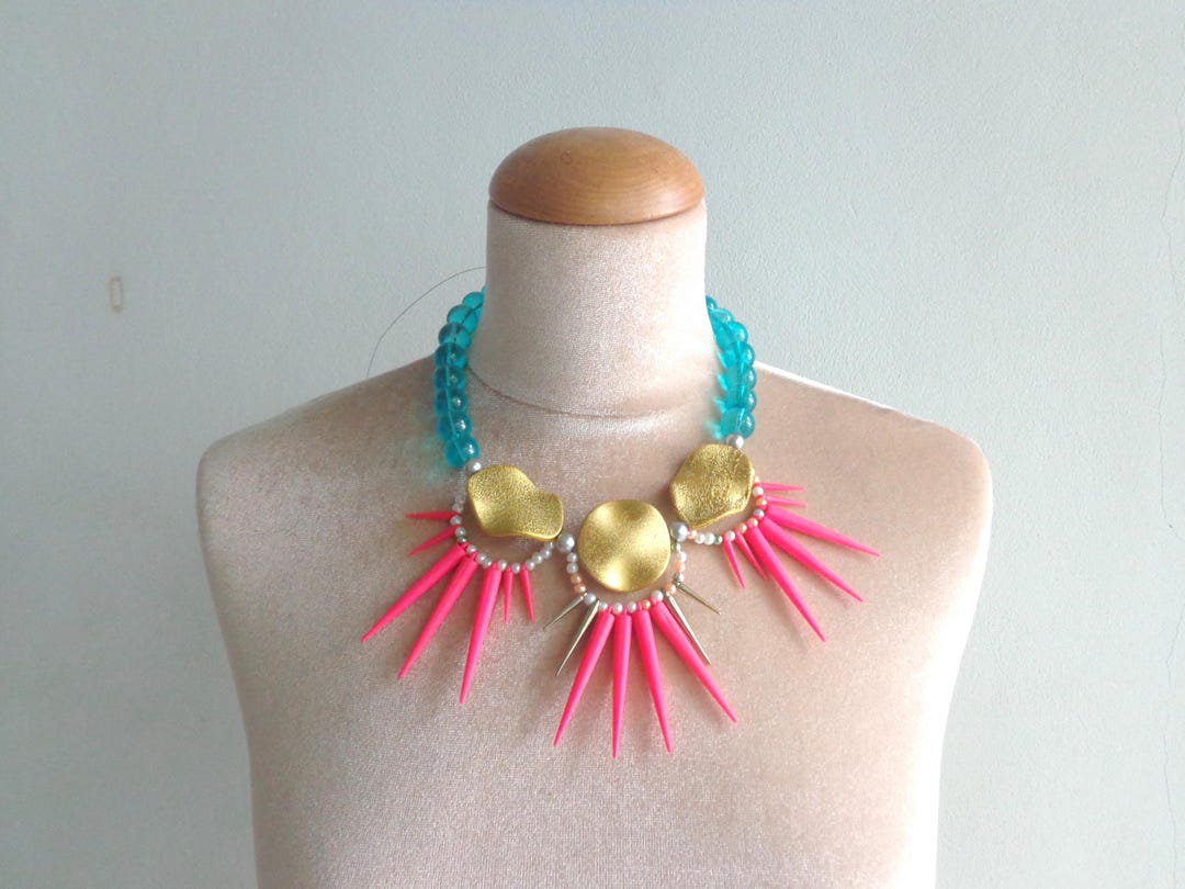 Spikes Necklace, Pink Spikes Necklace, Short Necklace, Gold Necklace ...