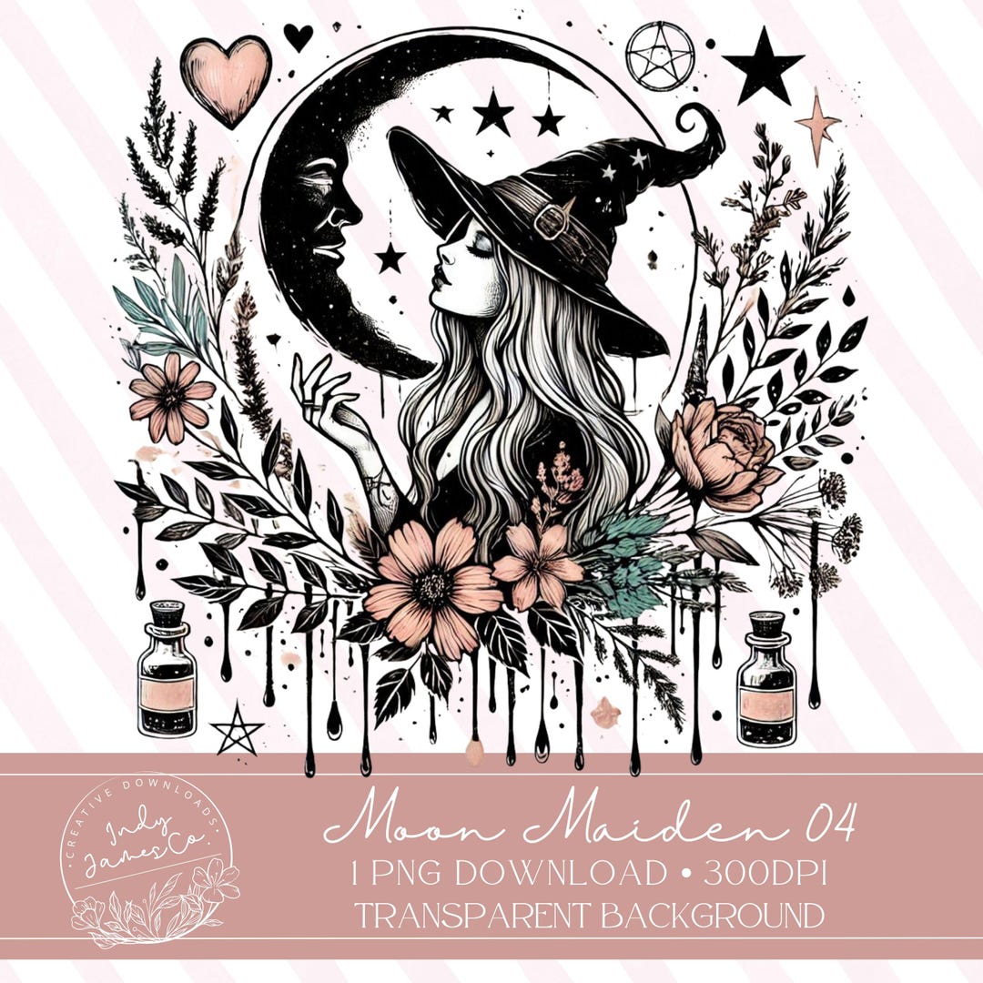 Beautiful Watercolor Moon Maiden Witch Celestial Botanical Elements ...