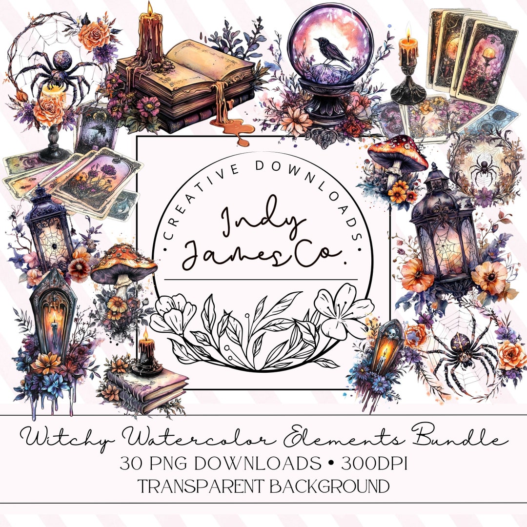 Witchy Watercolor Elements PNG Bundle High Quality Clipart Digital ...