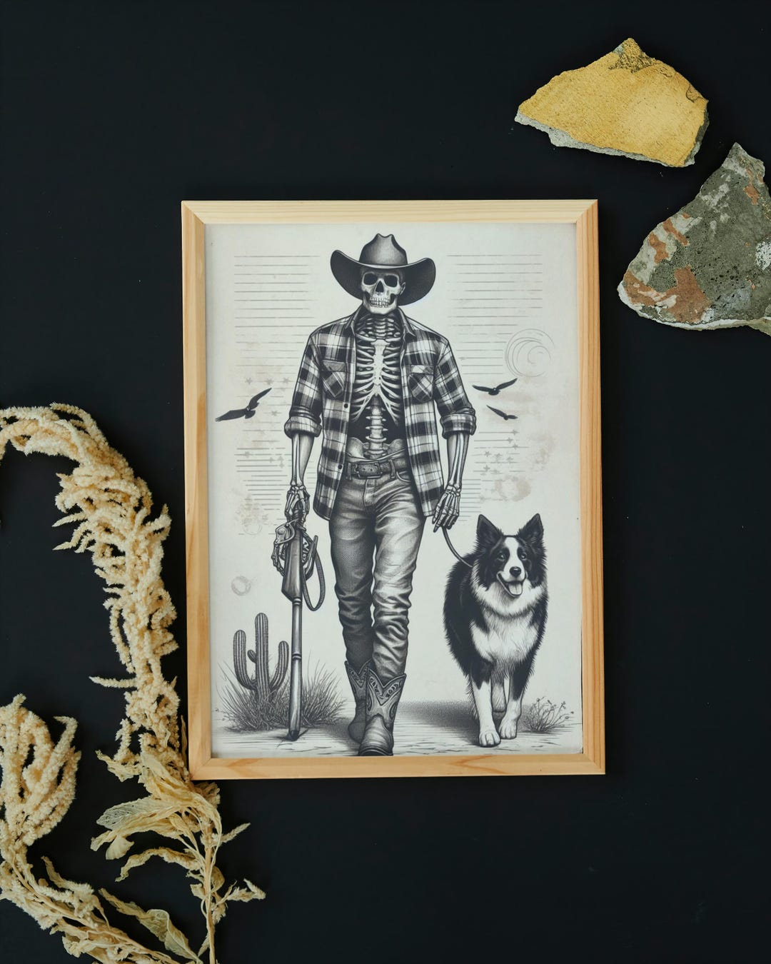 Cowboy Skeleton Border Collie Dog Art Print | Rustic Decor for Home ...