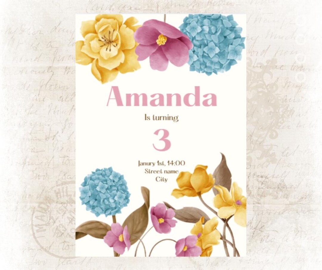 Pink Flower Birthday Invitation Template | Printable | Editable | Canva ...