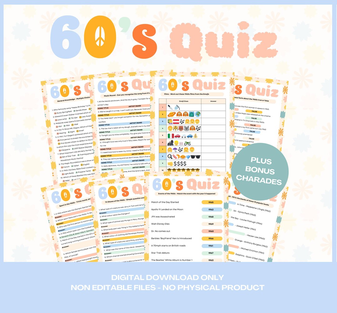 1960s Party Games, 60s Quiz Games, 60s Charades, 60th Birthday Party ...