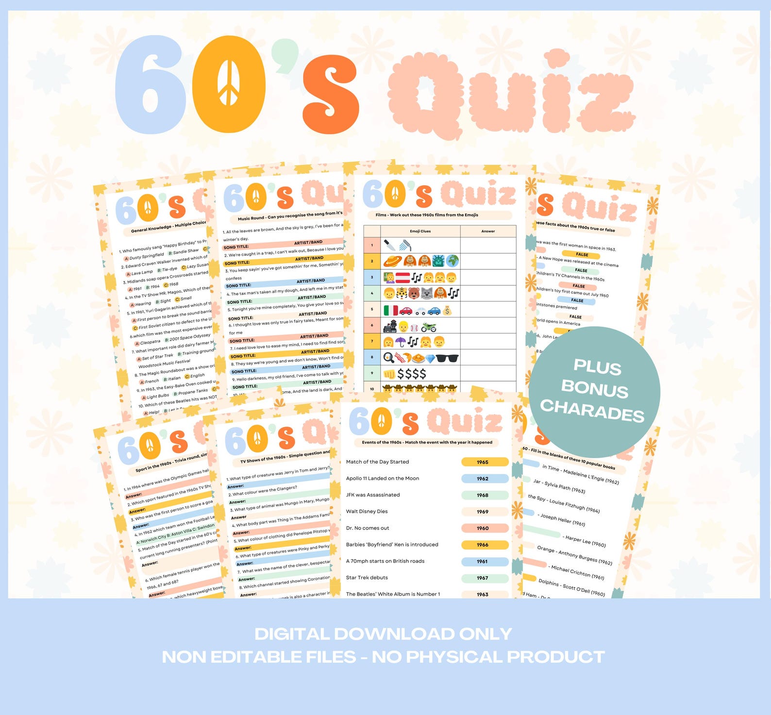 1960s Party Games, 60s Quiz Games, 60s Charades, 60th Birthday Party ...