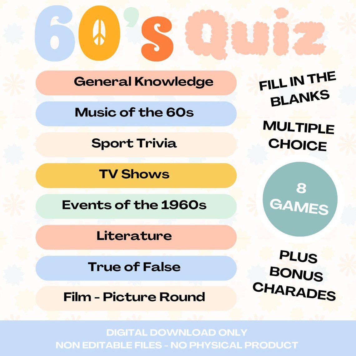 1960s Party Games, 60s Quiz Games, 60s Charades, 60th Birthday Party ...
