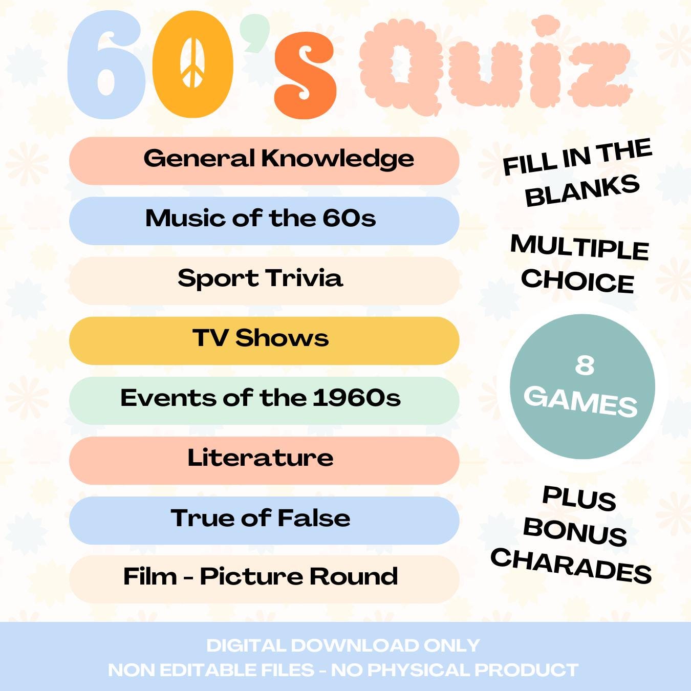 1960s Party Games, 60s Quiz Games, 60s Charades, 60th Birthday Party ...