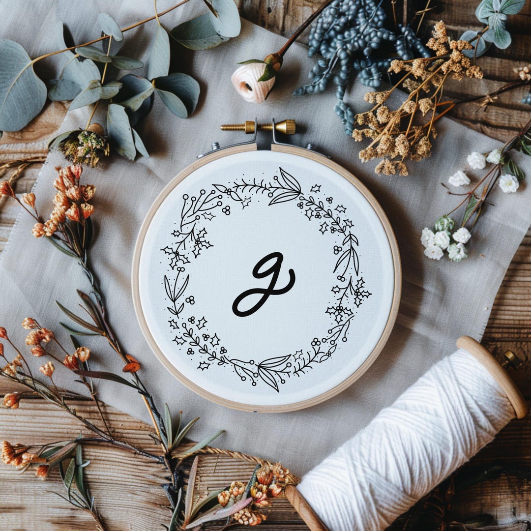LETTER g EMBROIDERY MONOGRAM Pattern Christmas Wreath Design Instant ...