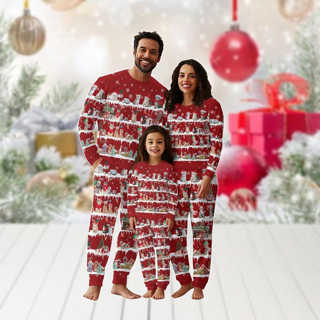 Christmas Cat Family Pajamas, Cute Cat Holiday Pajamas, Family Matching ...